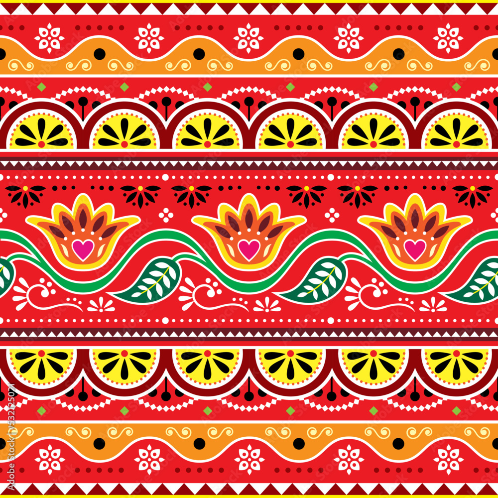 Indian and Pakistani truck art vector seamless pattern design with ...