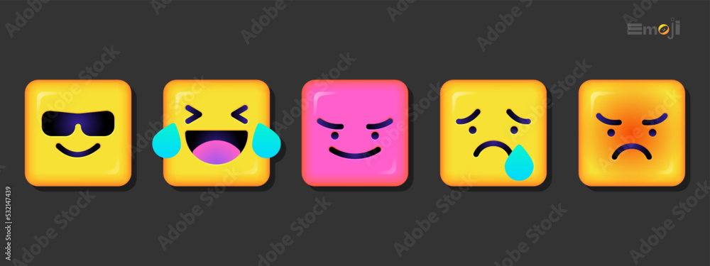 Square Emoticons set. Yellow Emoji faces emoticon smile, digital smiley ...