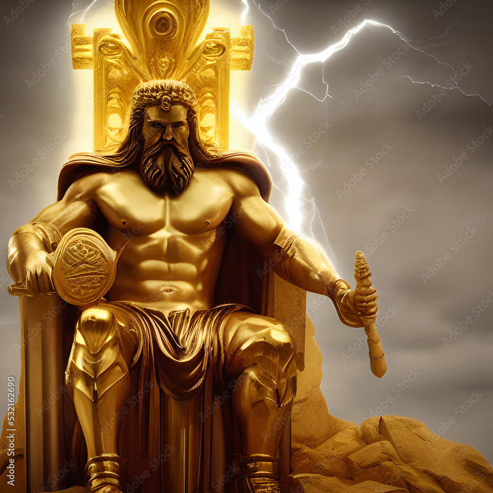 3d graphic illustration of golden greek god of thunder zeus ,king of gods sitting on throne ...