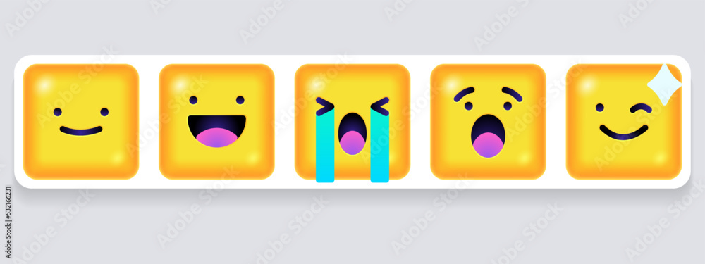 Square Emoticons set. Yellow Emoji faces emoticon smile, digital smiley ...