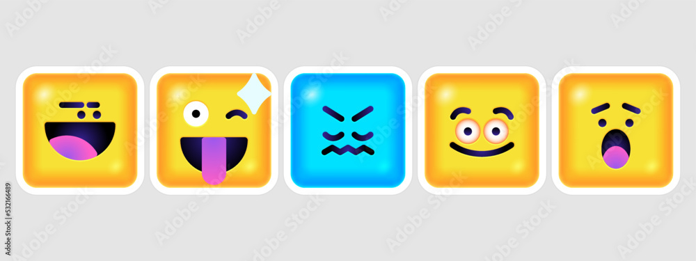 Square Emoticons set. Yellow Emoji faces emoticon smile, digital smiley ...