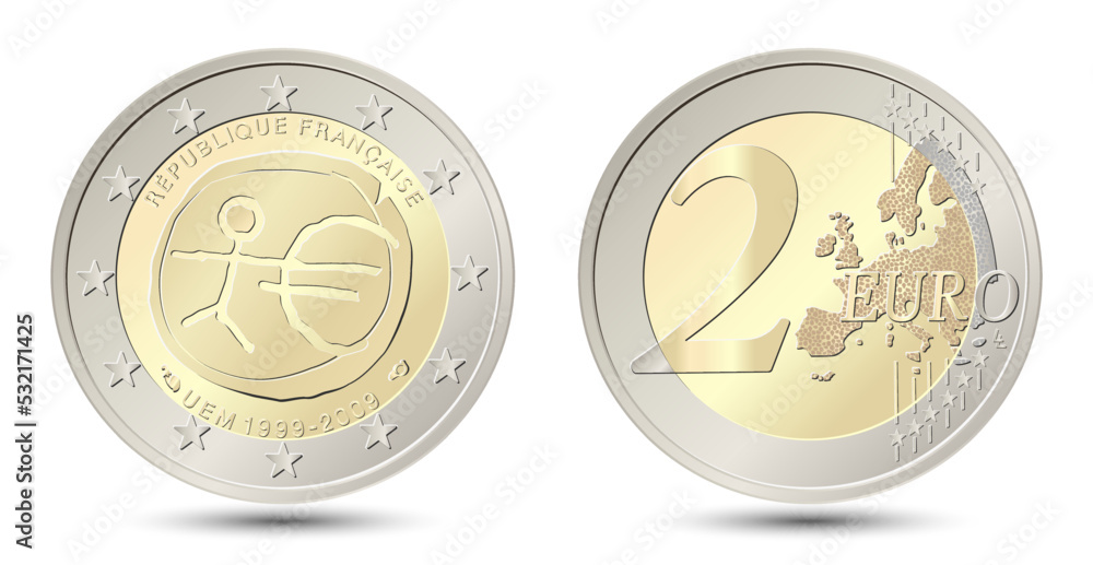France. 2 Euro coin. Ten years of Economic and Monetary Union. Reverse ...