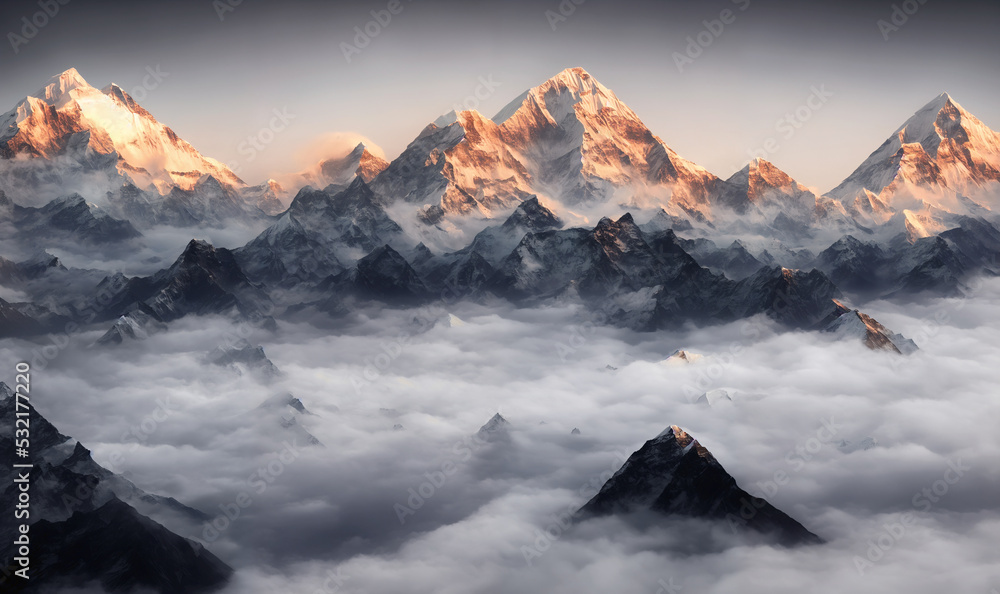 View of the Himalayas during a foggy sunset night - Mt Everest visible ... View of the Himalayas during a foggy sunset night - Mt Everest visible ...