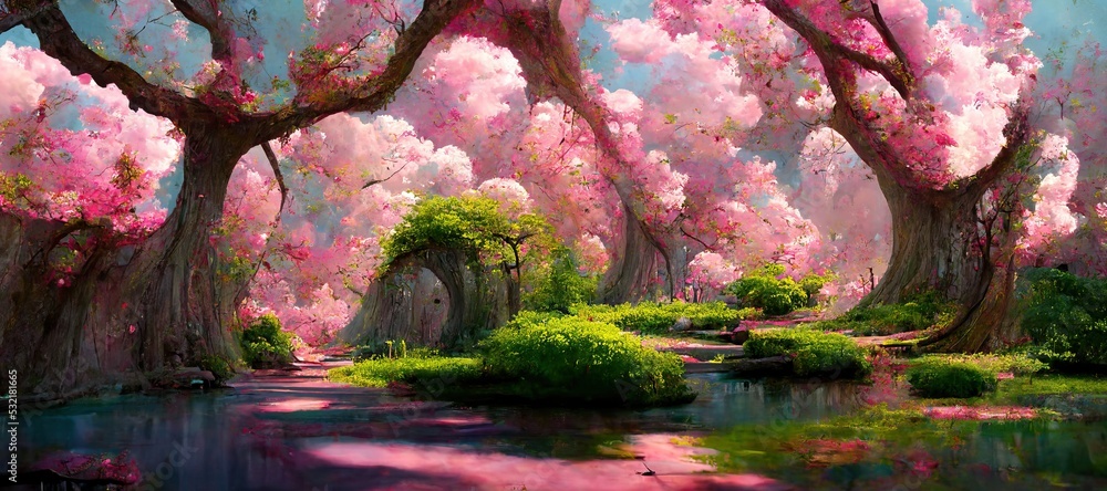 Magical forest of pink cherry blossom trees, tranquil surreal fantasy ...