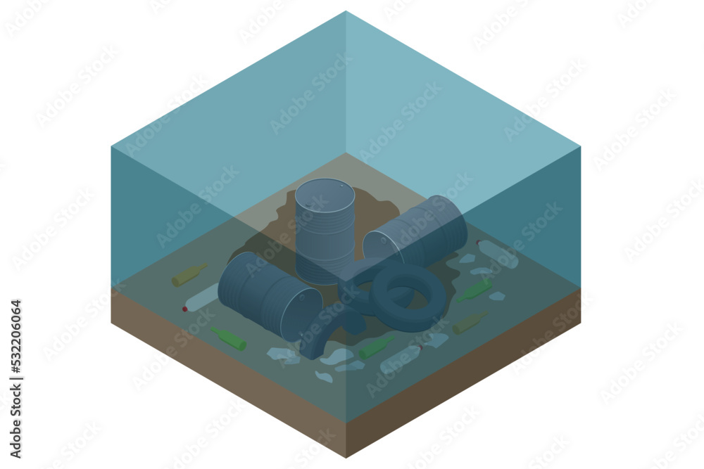 Isometric waste trash pollution in river, lake or ocean sea water and ...
