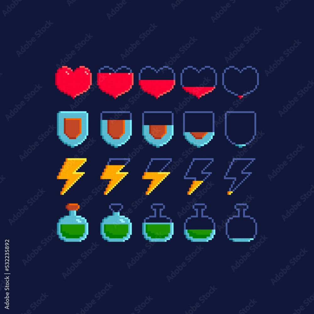 8-bit Pixel load scale icons . Full Health and Battery charge bar ...