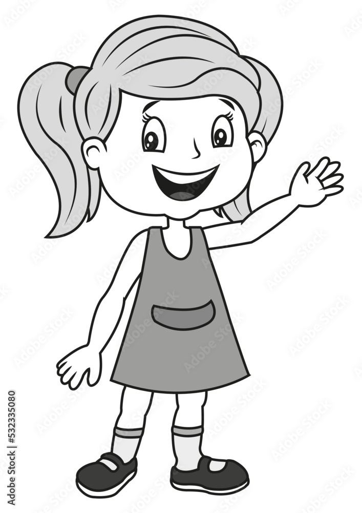 niña saludando, alegre, dibujo, caricatura, ilustración de niña Stock ...