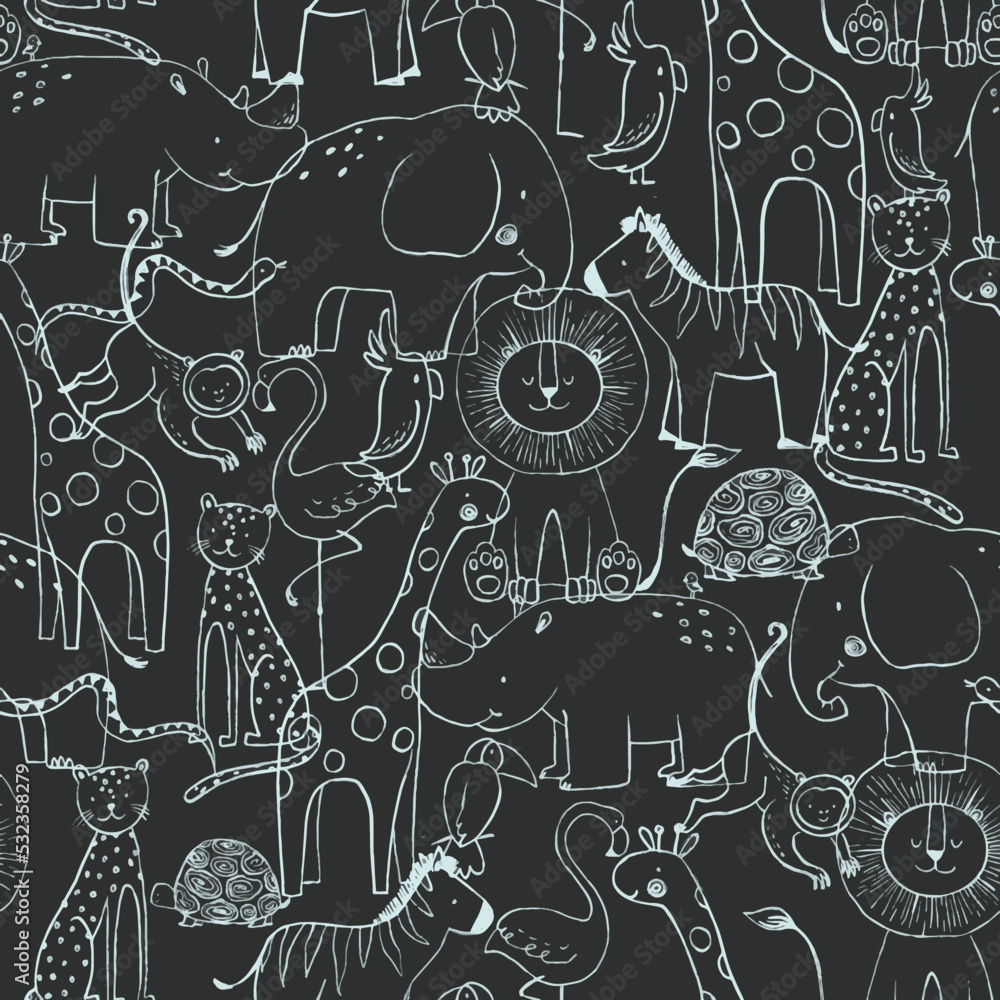Beautiful vector seamless baby pattern with cute hand drawn safari ...
