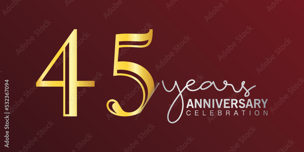 45th anniversary celebration logotype number gold color with red color ...