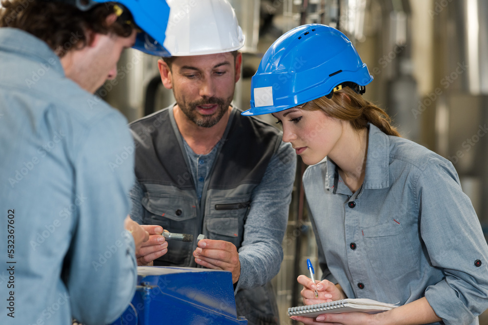 engineer showing nut and bolt to woman with notepad Stock Photo | Adobe ...