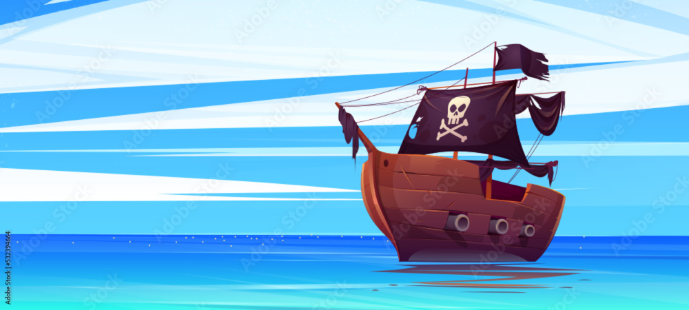 Pirate ship with black flag and and jolly roger on sails. Filibusters ...