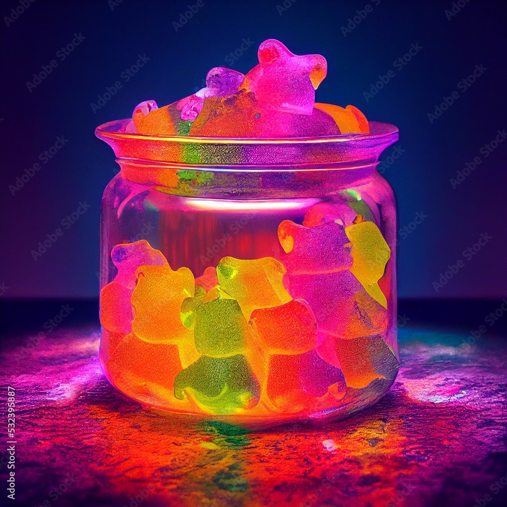 Neon gummies. Fluorescent gummy bears, glowing candies. Vibrant candies ...