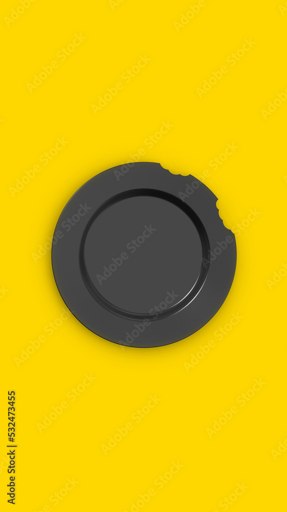 bitten black plate on a yellow background. Teeth marks. Food crisis ...