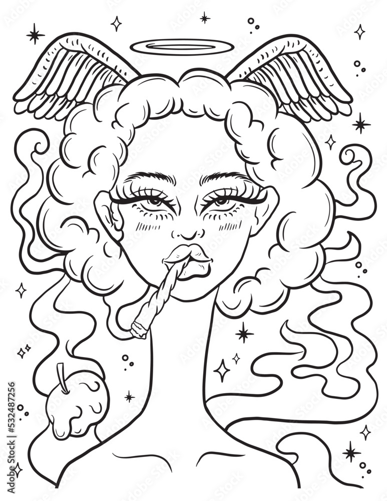 Angel smoking cigarette coloring page. Vector coloring for adults Stock ...