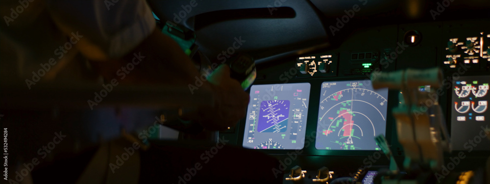 CU on airplane weather radar screen inside the cockpit, aircraft going ...