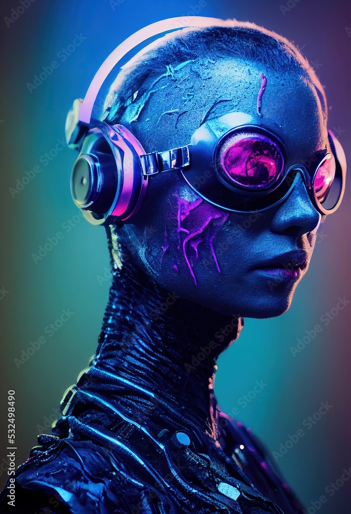 Fictional portrait of a sci-fi cyberpunk warrior. High-tech futuristic ...