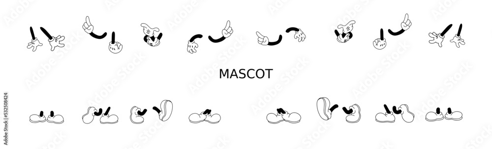 Vintage cartoon hands in gloves and feet in shoes. Cute animation ...