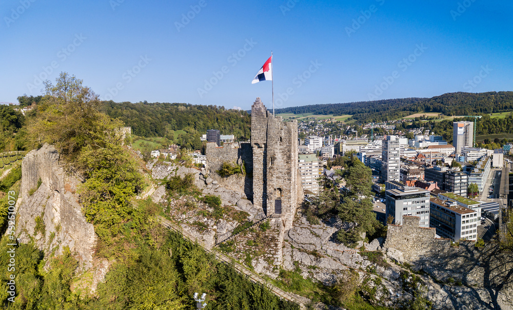 Aerial view of the Castle Stein ruins built on a rocky promontory above ...