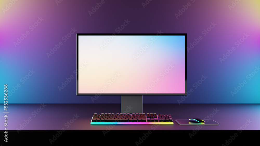 Gamer computer desktop with RGB lights on the background, Modern PC ...