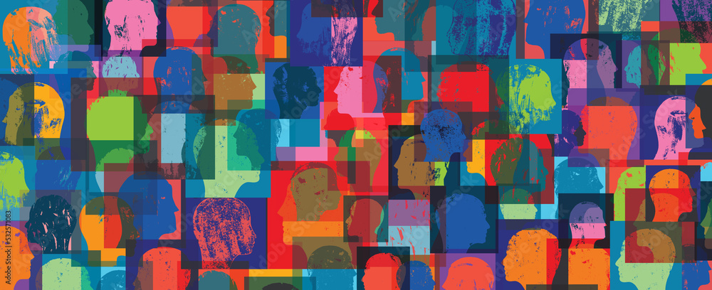 Extra-wide people Illustration of overlapping head profiles Stock Photo ...