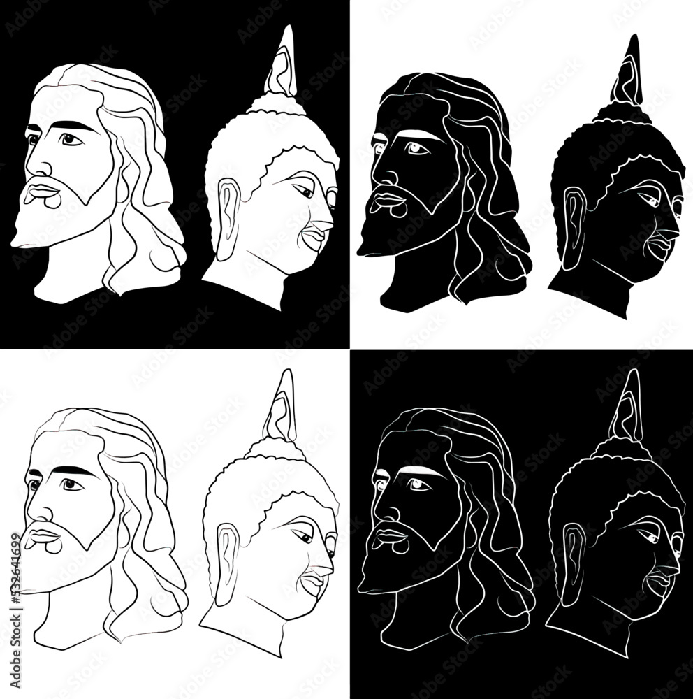 Paintings of the faces of the prophets of Buddhism and Christianity ...