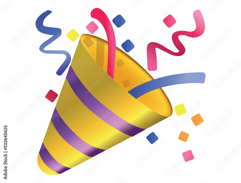 Gold party popper icon on transparent background with confetti and ...