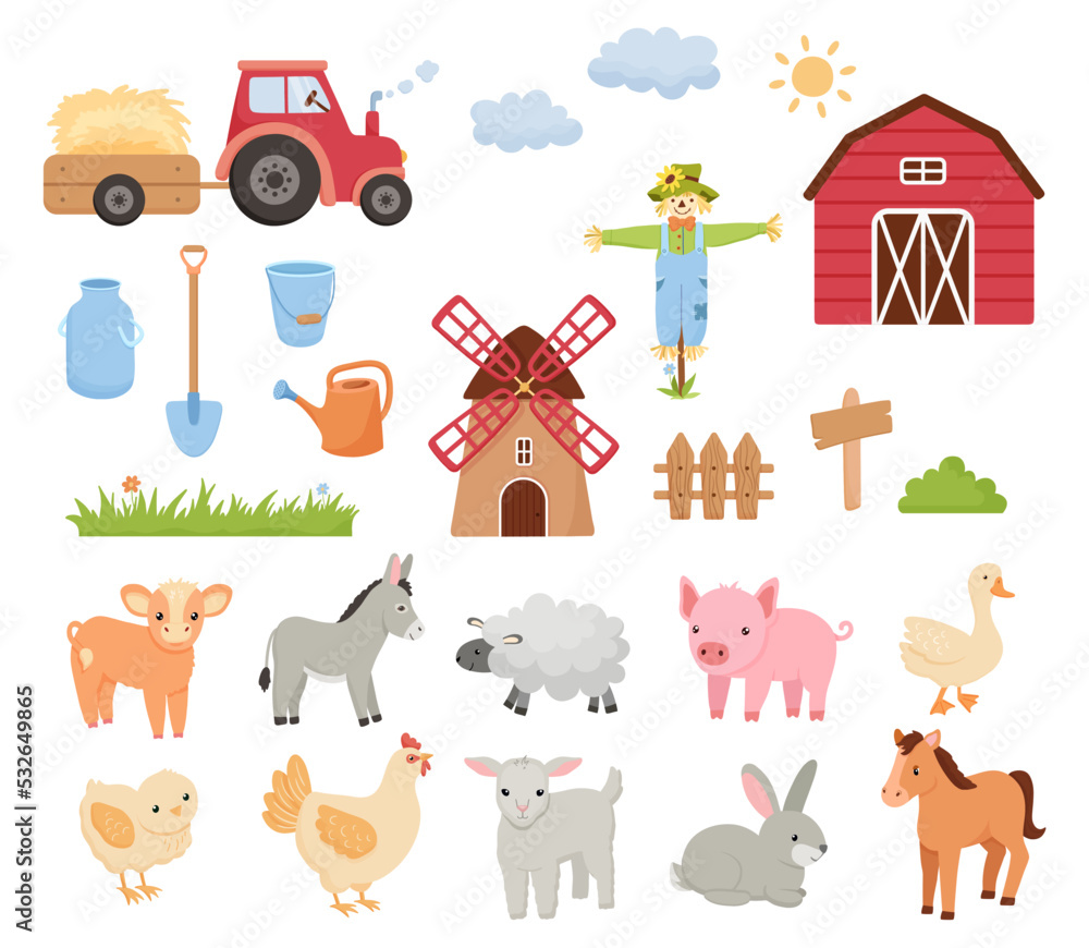 Big set of vector childish flat cartoon illustrations isolated on white ...