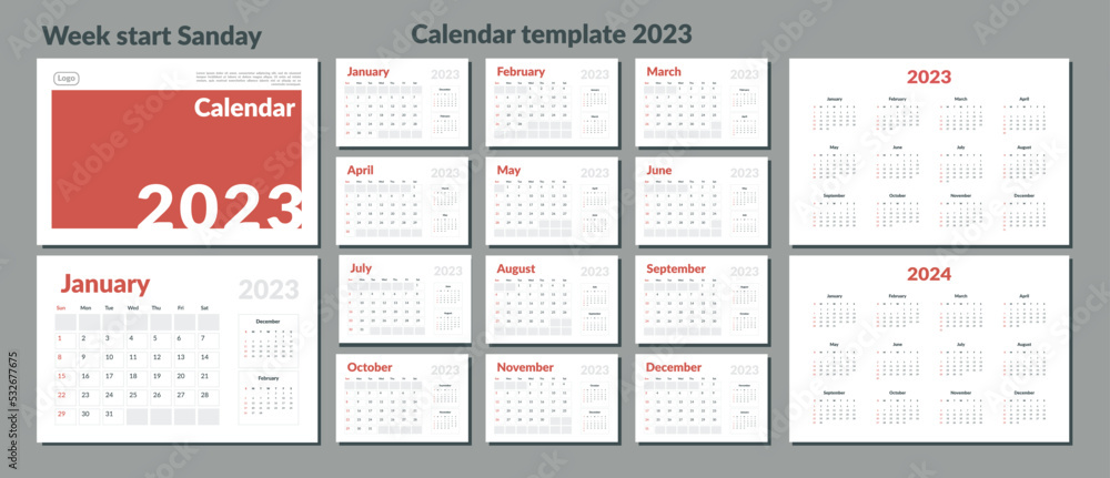 Set of 2023-2024 Calendar Planner Template with Place for Photo and ...