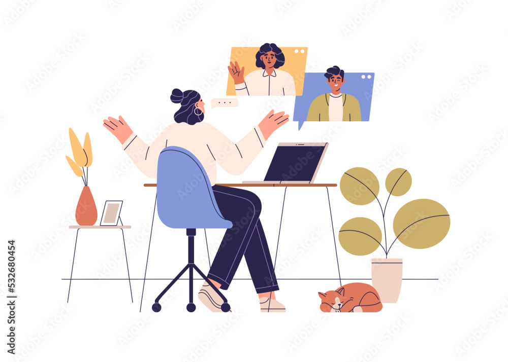 Online video call, remote business meeting with team. Virtual work ...
