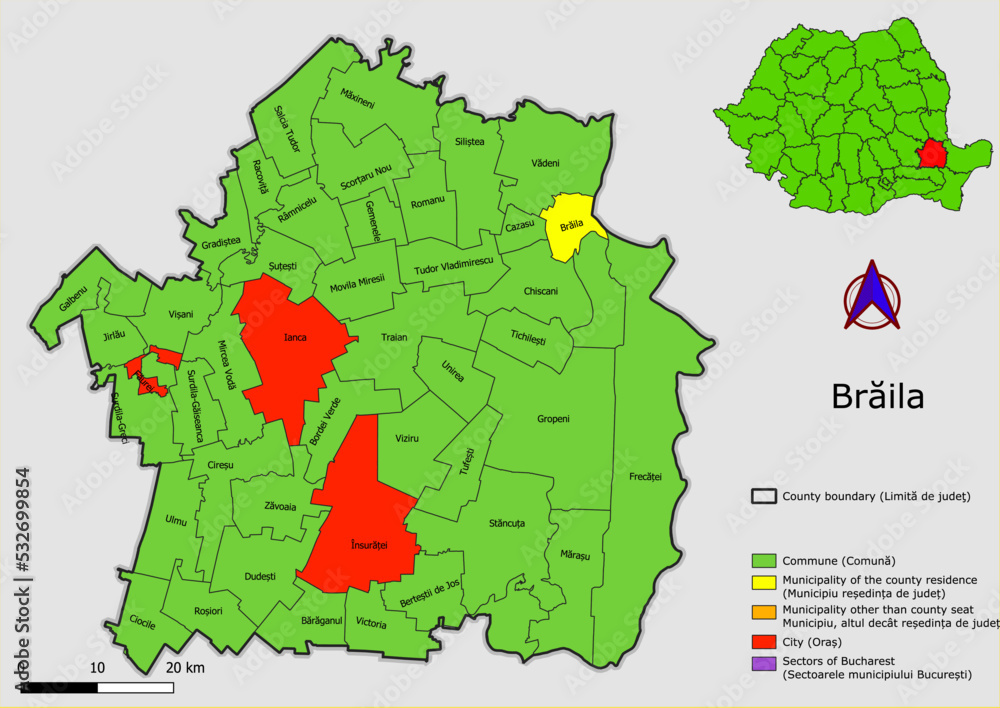 Vector map of the administrative divisions of Braila county with ...