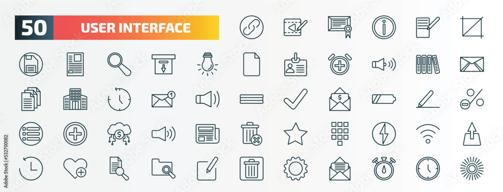 set of 50 special lineal user interface icons. outline icons such as link button, crop button ...
