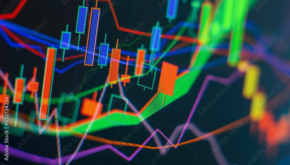 Financial data on a monitor which including of Market Analyze. Bar ...