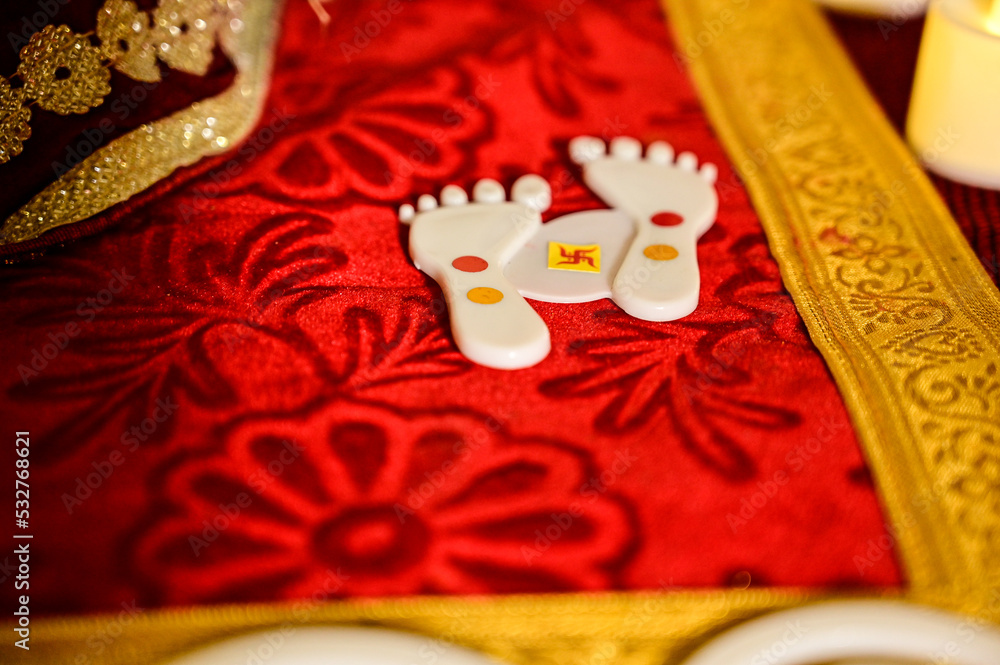 White Foot Ptints of Hindu Goddess With Red and Yellow Marks. Symbol Of ...
