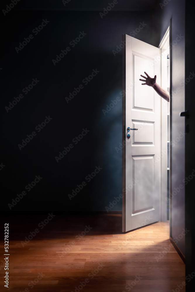 Scary horror door with hand of ghost, zombie or evil creepy man. Spooky ...