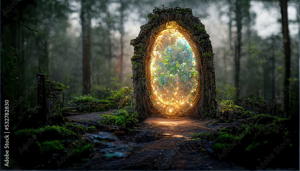 Spectacular fantasy scene with a portal archway covered in creepers. In ...