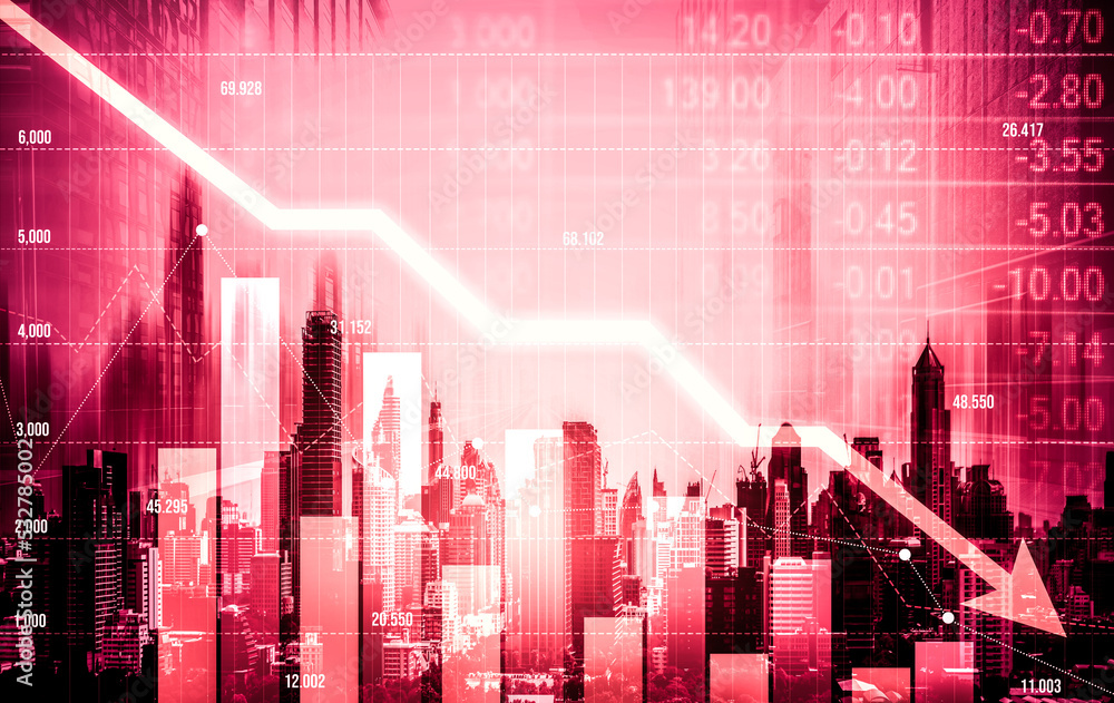Stock market crash, declined economic, graph falling down and digital ...