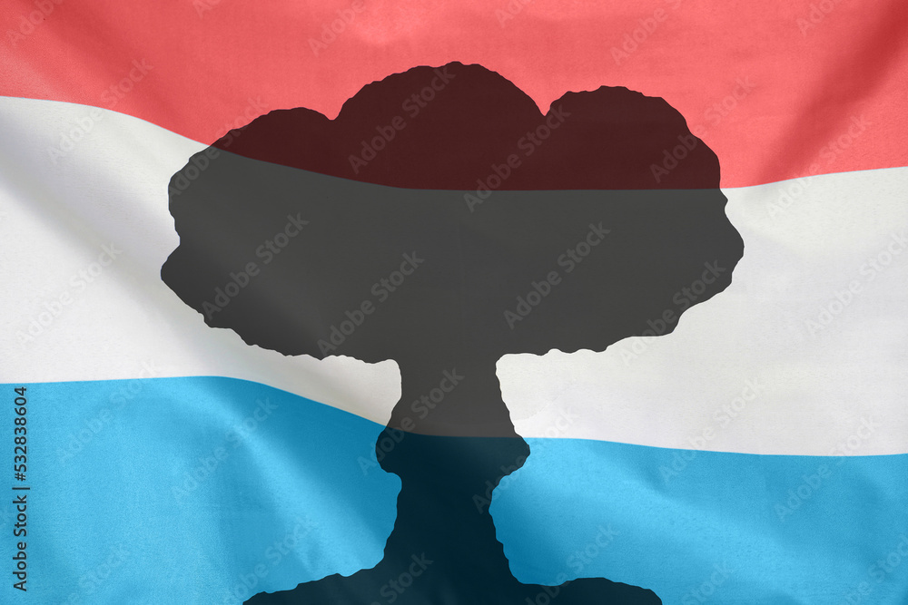 Atomic bomb explosion mushroom on Luxembourg flag background. Nuclear ...