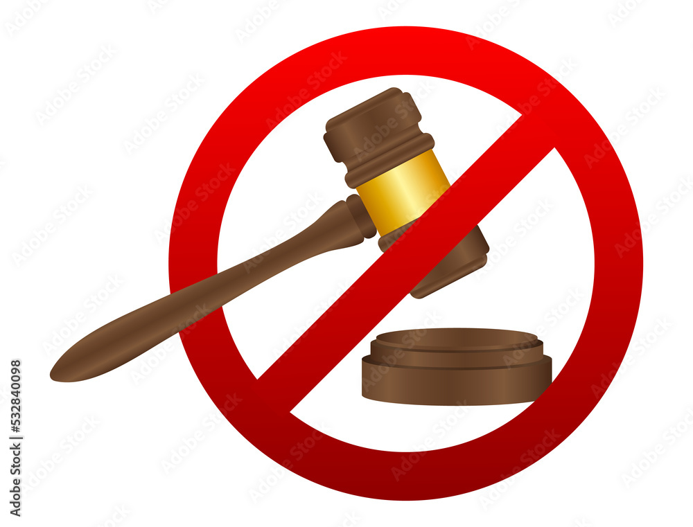 No to law. Stop sign icon. Auction hammer prohibited. Judge gavel icon ...