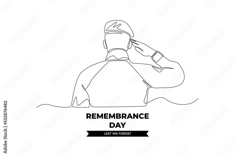 Continuous one line drawing a soldier salute back view to remembrance ...