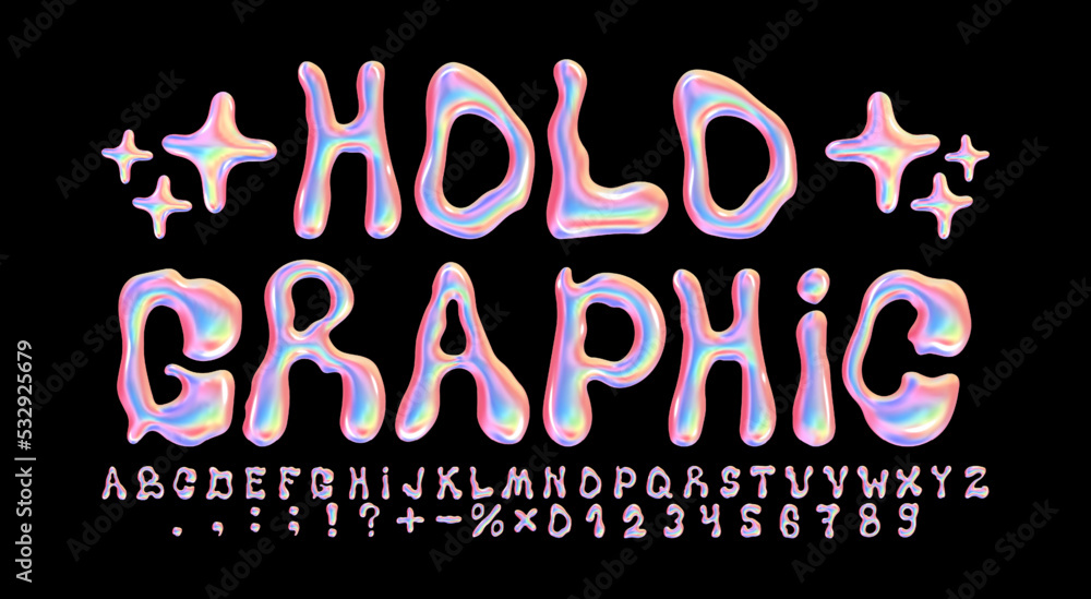 Liqud holo font. Iridescent alphabet, holographic numbers and melted ...