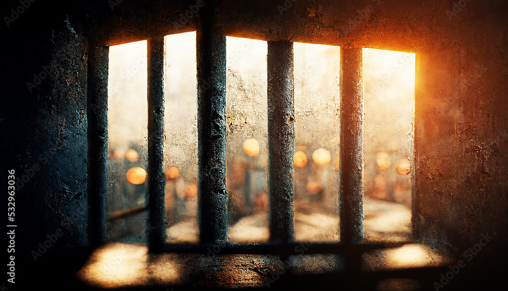 A jail cell interior with a barred up window and light rays penetrating through it casting an ...