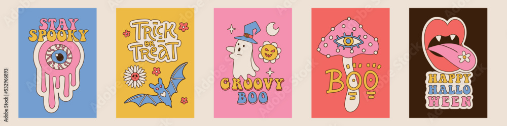 Set of hand drawn groovy Halloween posters or cards. Hippie invitation ...