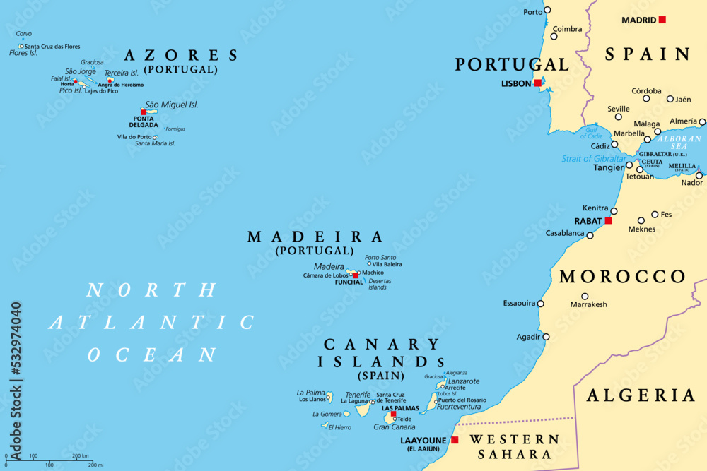 Azores, Madeira, and Canary Islands, political map. Autonomous regions ...