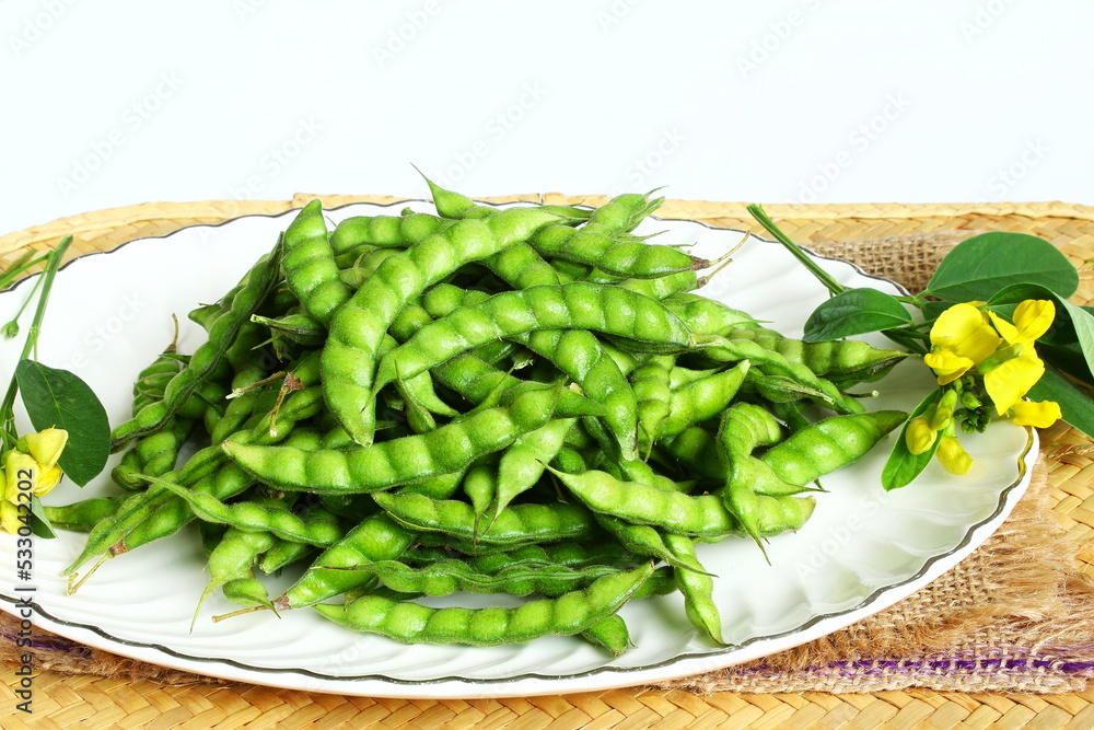 garden fresh whole green pigeon peas beans pod in dish also known in ...