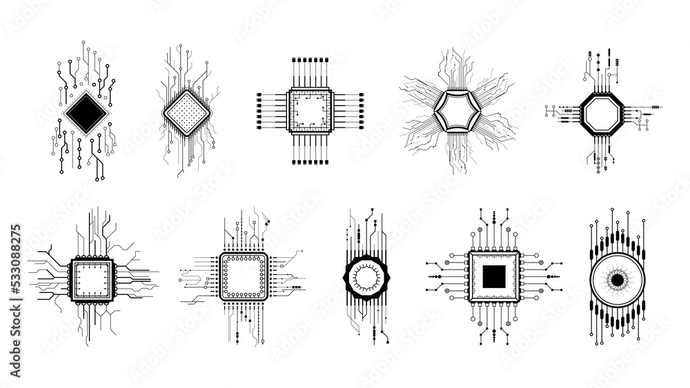 Set Abstract Collection Black Simple Line Cpu, Computer, Technology ...