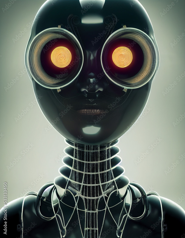 Стокова ілюстрація Retro Futurism Style Female Robot Head Mechanism 3D ...