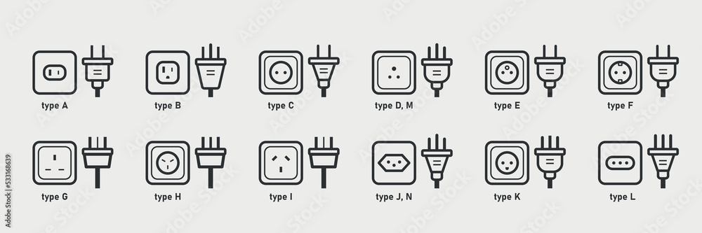 Different type power socket and plug set. World standards. AC power ...