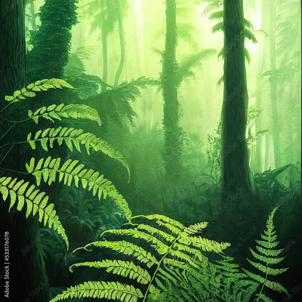 Prehistoric antediluvian forest landscape with primitive trees and ...