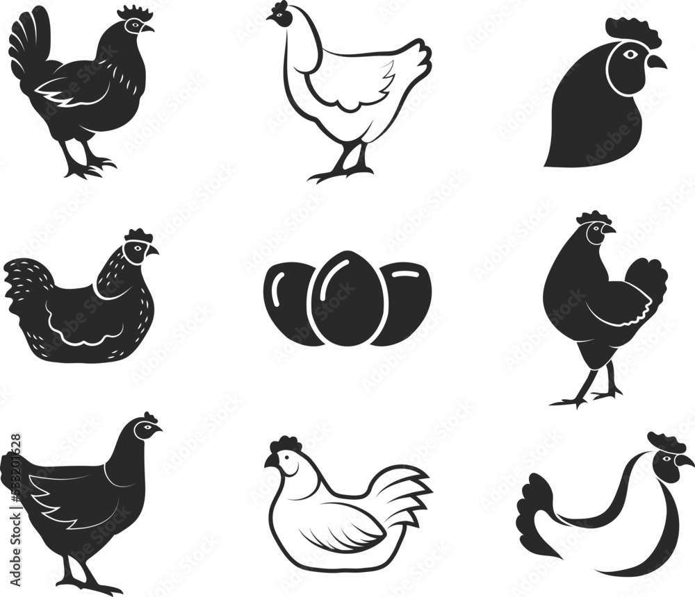Chicken logo elements. Healthy organic chickens meat and eggs black ...