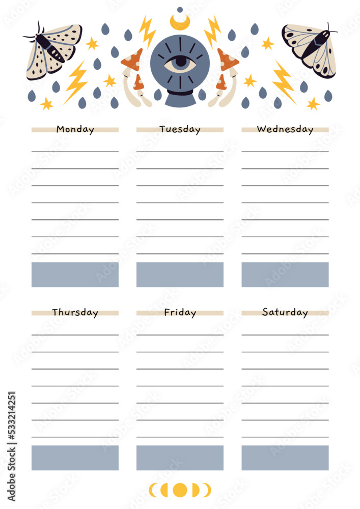 Cute school timetable for 6 days. Template with magic occult things ...